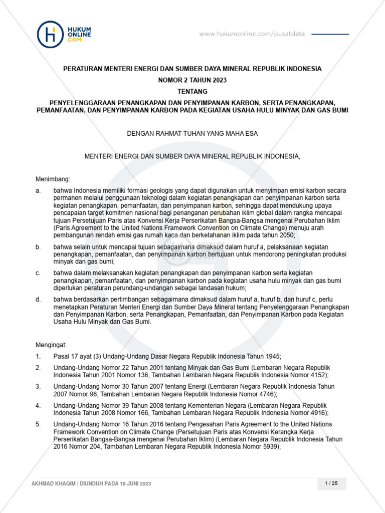 PERMEN - ESDM - 2 - 2023 Penyelenggaraan CCS Pada Kegiatan Usaha Hulu Migas | PDF | Griya ...