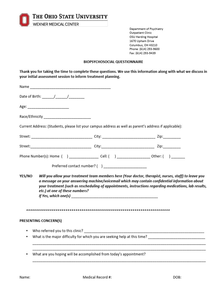 Biopsychosocial Questionnaire | PDF | Drugs | Medical Specialties