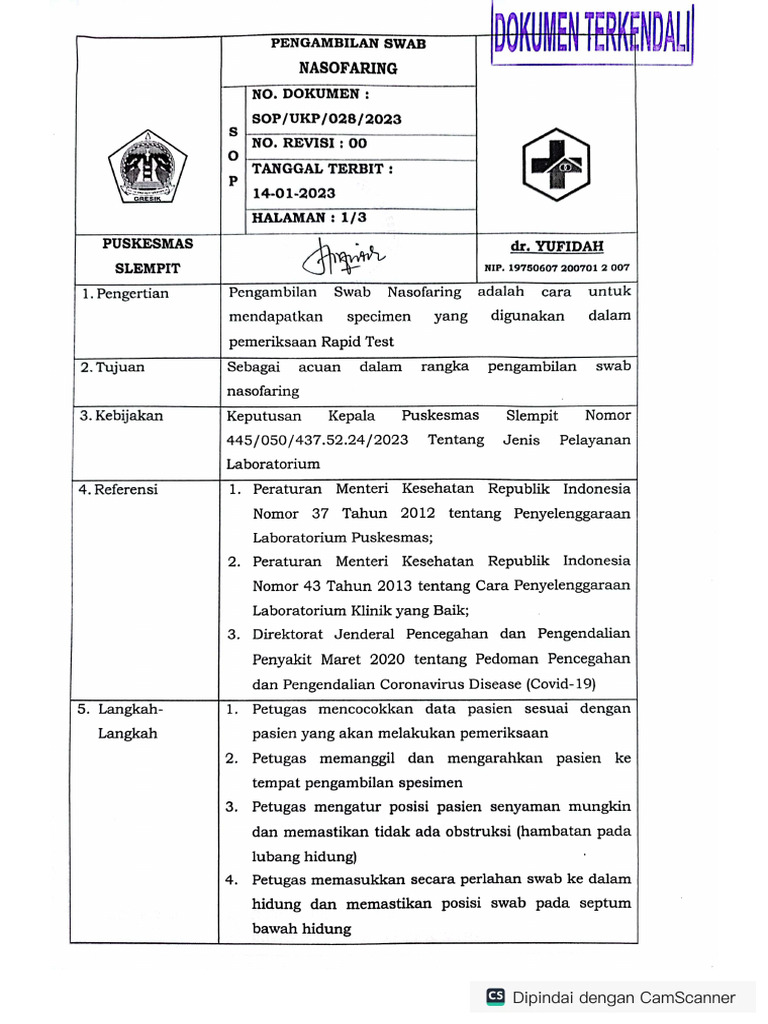 SOP Pengambilan Swab Nasofaring | PDF