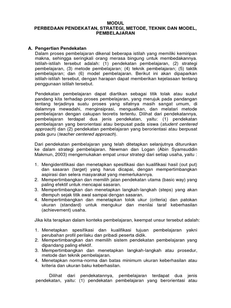 Modul Pendekatan, Strategi, Metode, Teknik Dan Model Pembelajaran | PDF
