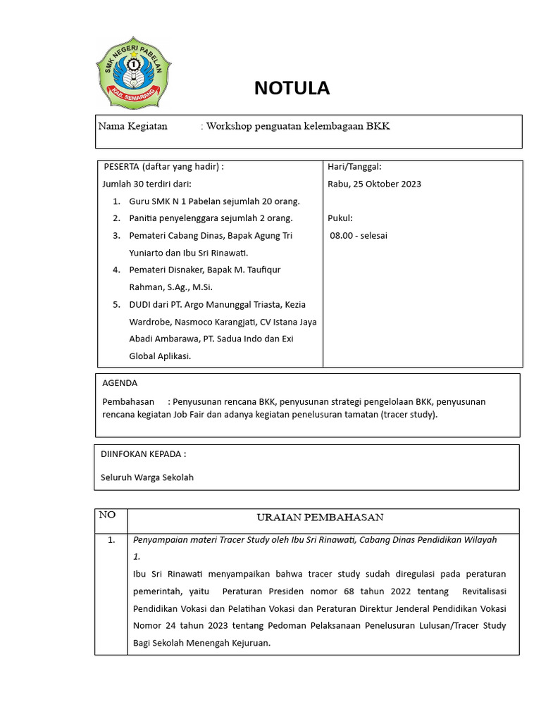 FORMAT NOTULA BKK | PDF | Karier & Perkembangan | Bisnis