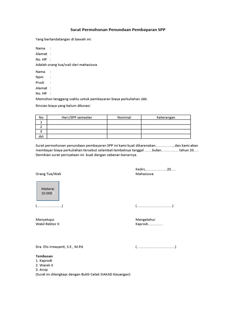 Surat Permohonan Penundaan Pembayaran SPP 1 2 1 | PDF
