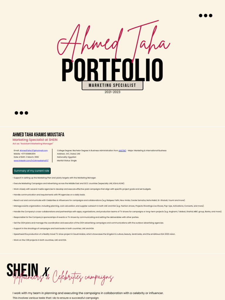 Ahmed Taha - Marketing Specialist Portfolio May 2023 | PDF | Public Relations | Advertising