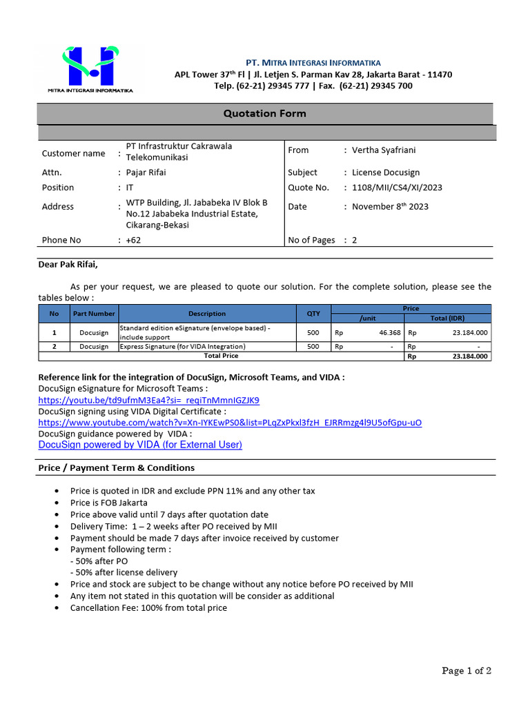APV09112316738 - Jababeka Quotation of License Docusign | PDF | Business | Computing
