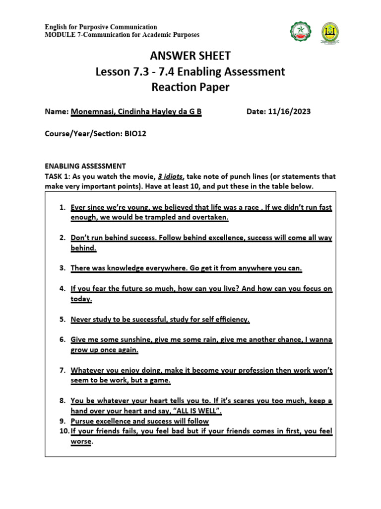 MODULE 7-ENABLING ASSESSMENT ANSWER SHEET-Lesson 7.3 7.4-3 Idiots ...