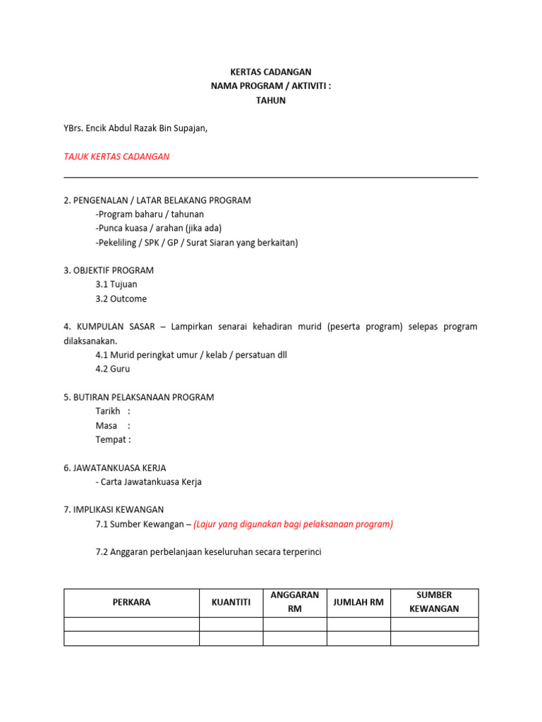 Format KERTAS KERJA (2023) - SPK BIL 1 2021 | PDF