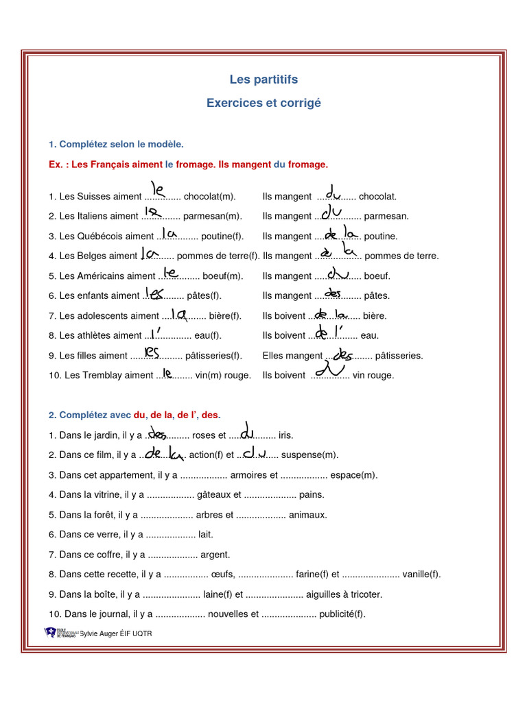Les Articles Partitifs Exercices Et Corrigã© | PDF | Soupe | sauce