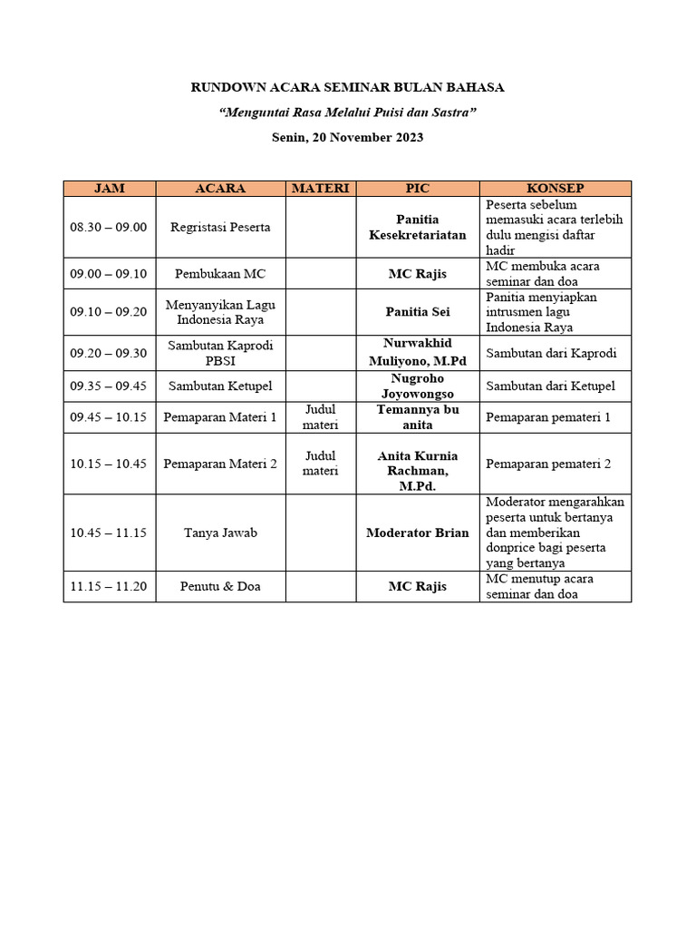 Rundown Acara Seminar Bulan Bahasa | PDF