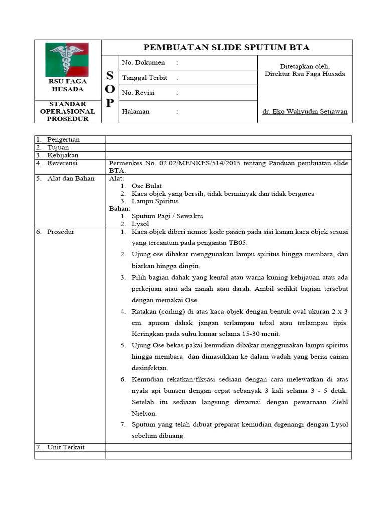 Prosedur Pembuatan Slide Sputum BTA | PDF