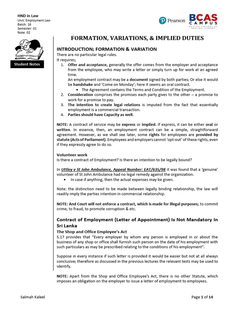 Note 2 - Formation, Variations, & Implied Duties | PDF | Employment ...