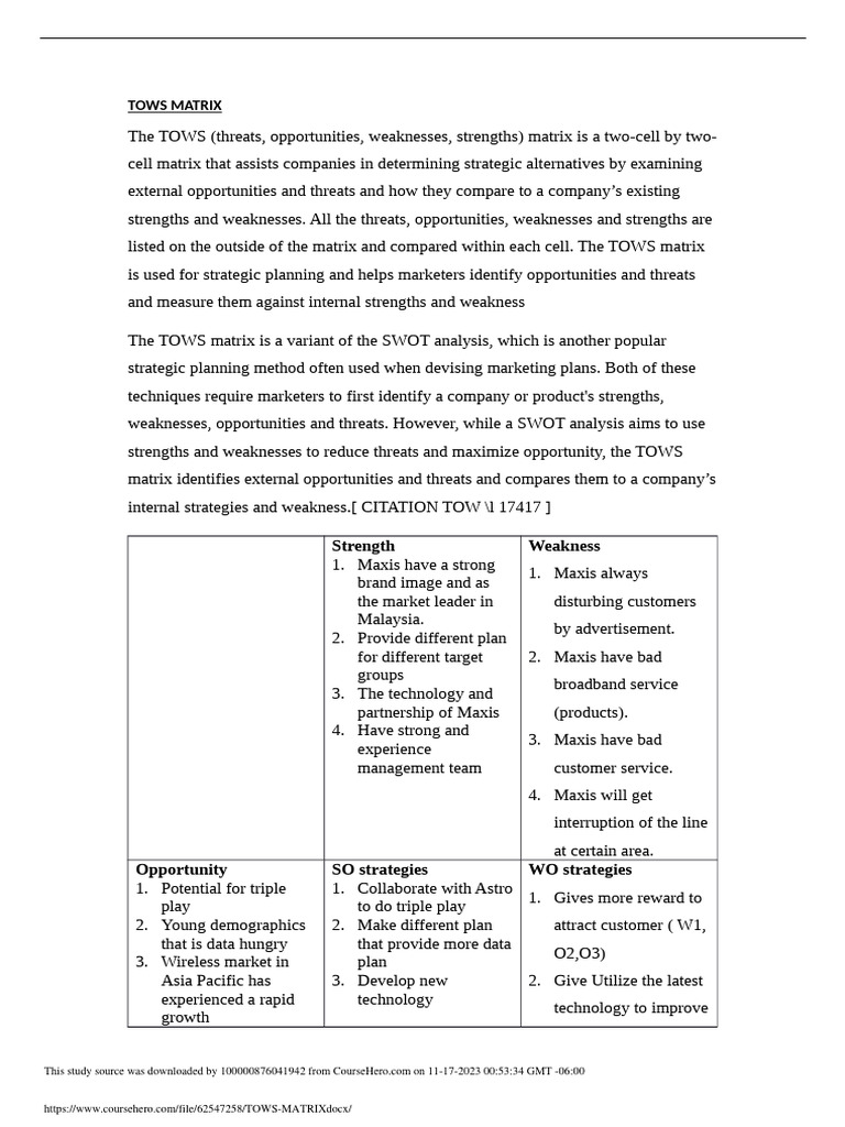 TOWS_MATRIX.docx | PDF | Swot Analysis | Marketing