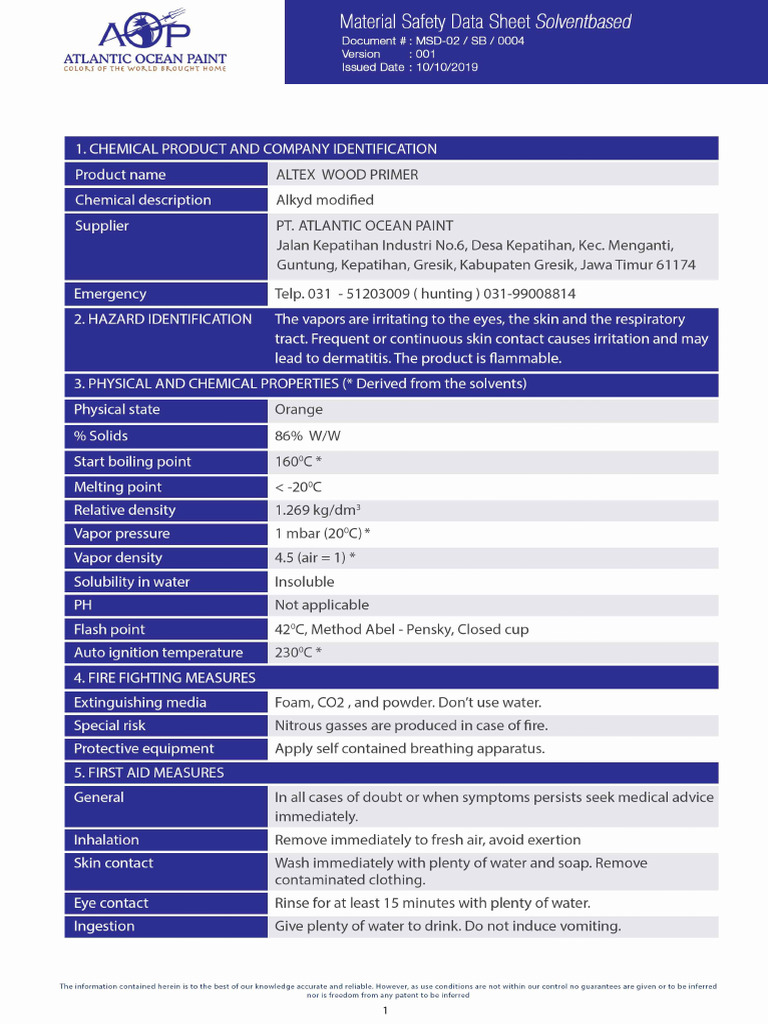 MSDS Altex Wood Primer | PDF
