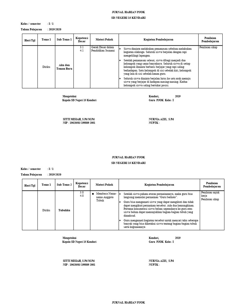 Jurnal PJOK Kelas 1 Semester 1 | PDF