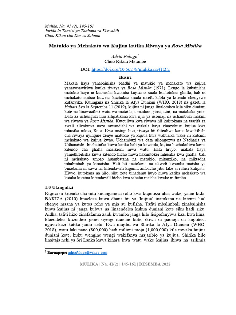 Riwaya Rosa Mistika. Matukio Ya Kujiua | PDF