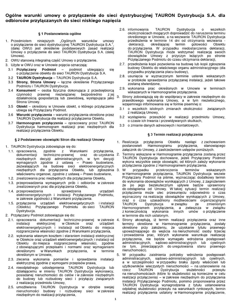 5 Ogolne Warunki Umowy o Przylaczenie Do Sieci Dystrybucyjnej TAURON Dystrybucja SA Dla ...