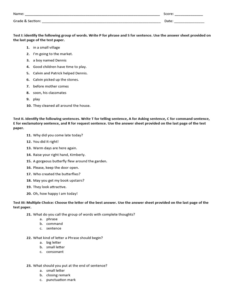 First Periodical Exam in English in Gr2 | PDF | Sentence (Linguistics ...