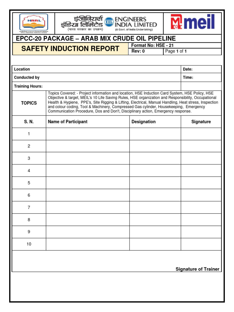 HSE - 21, Safety Induction Report | PDF