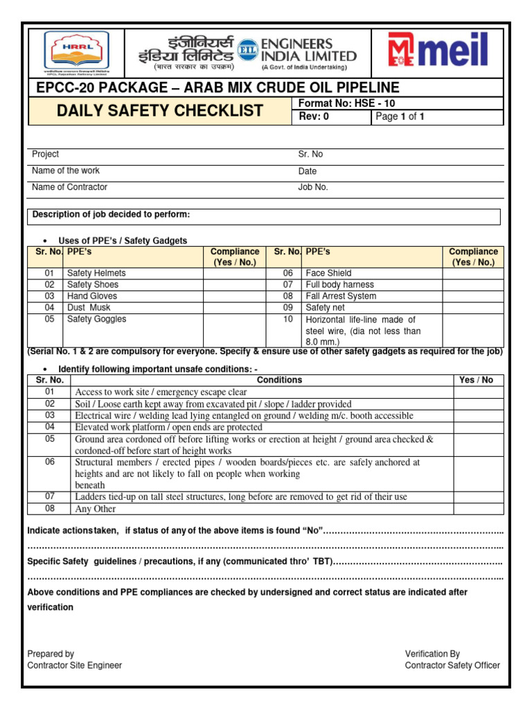 Hse - 10, Daily Safety Checklist | PDF | Personal Protective Equipment ...