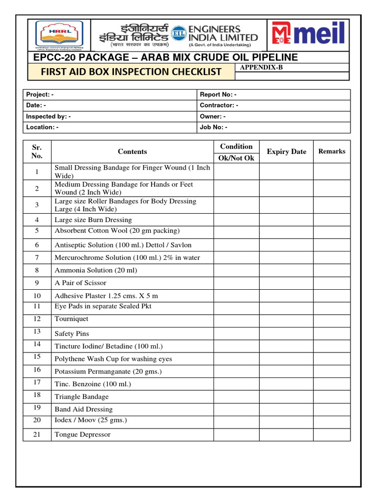 HSE - First Aid Box Inspection Checklist | PDF