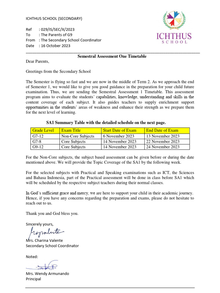 029 G9 SA1 Timetable Letter | PDF | Teachers | Learning