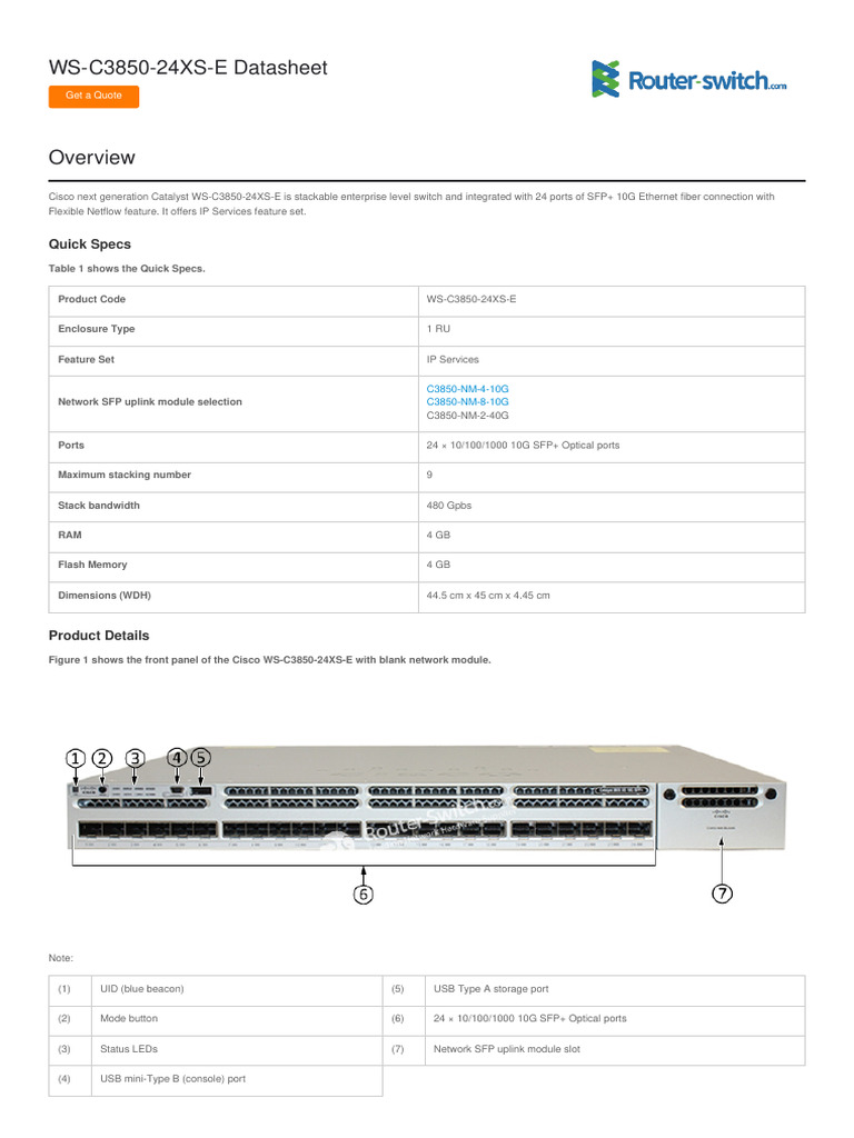 Ws c3850 24xs e Datasheet | PDF | Network Switch | Computing