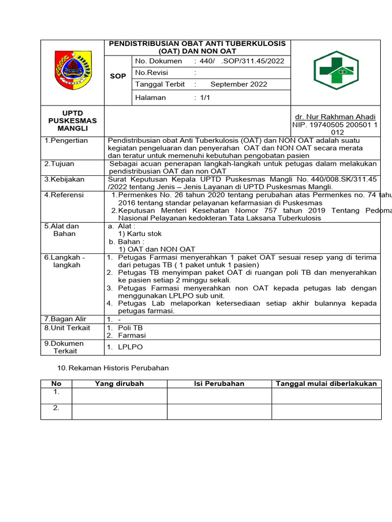 Sop Pendistribusian Obat Anti Tuberkulosis (Oat) Dan Non Oat | PDF ...