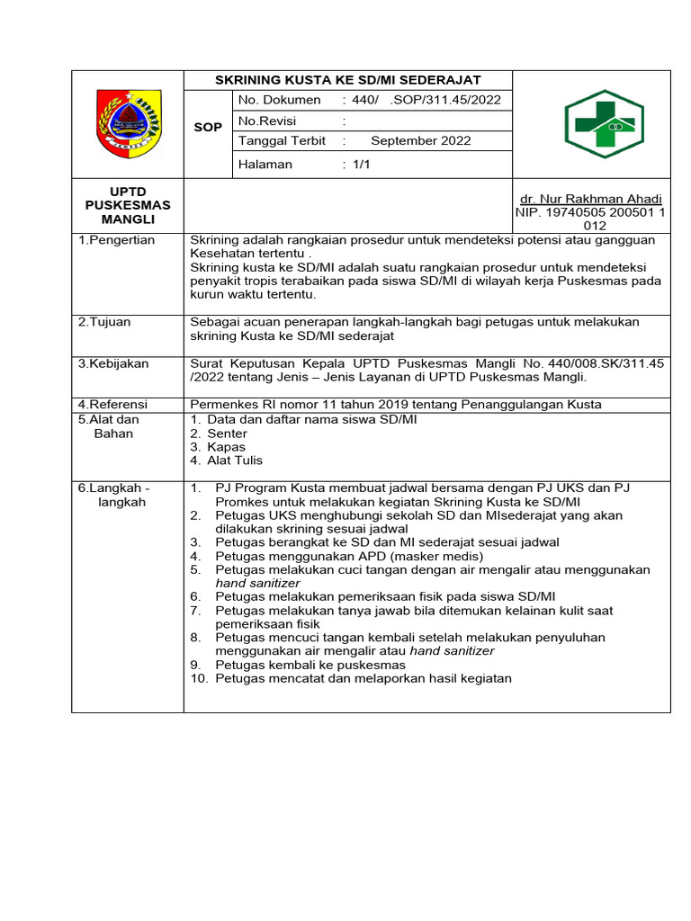 SOP Skrining Kusta di SD/MI | PDF