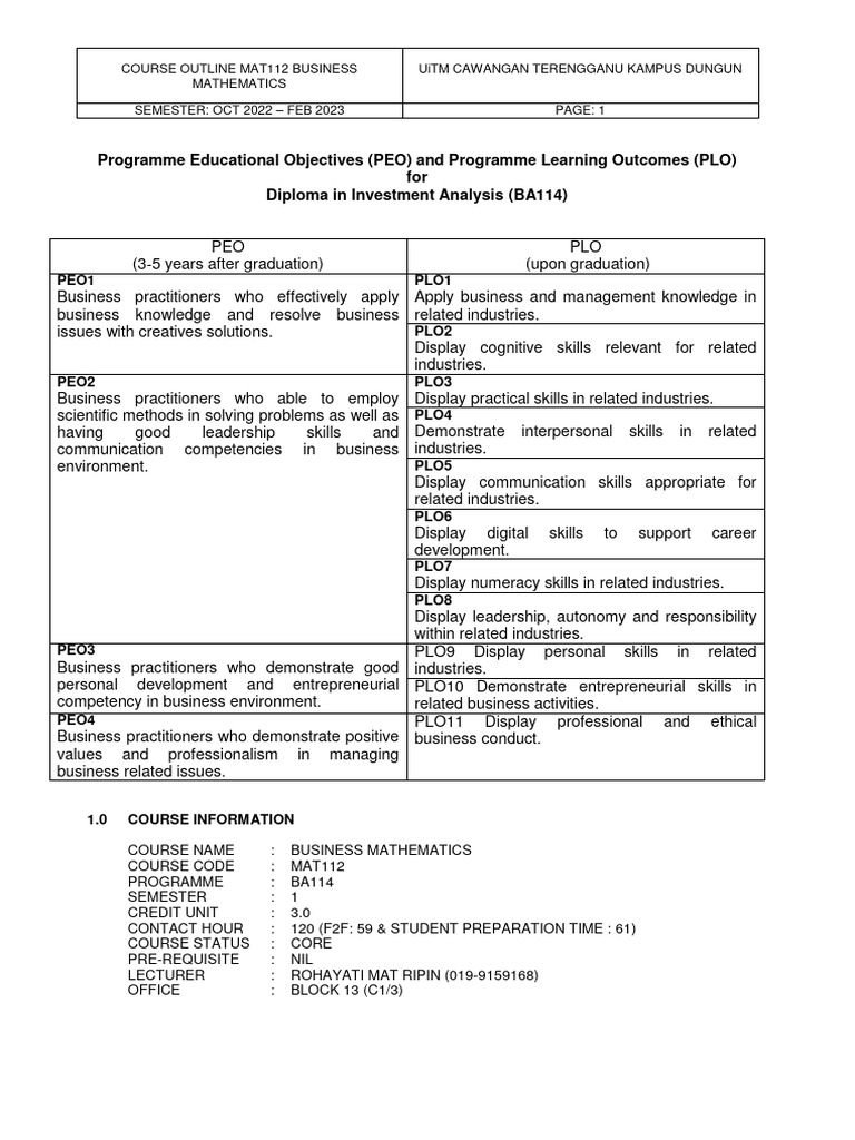Mat112 Course Outline - Ba114 | PDF | Interest | Depreciation