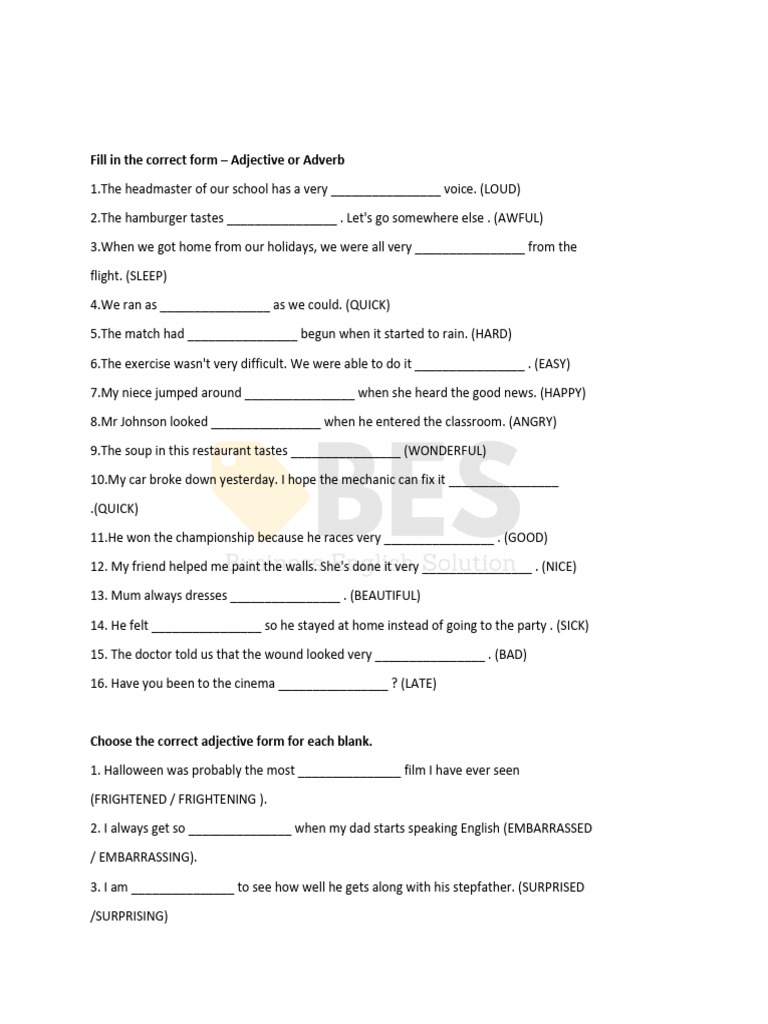 ADJECTIVE - ADVERB English Grammar Test | PDF