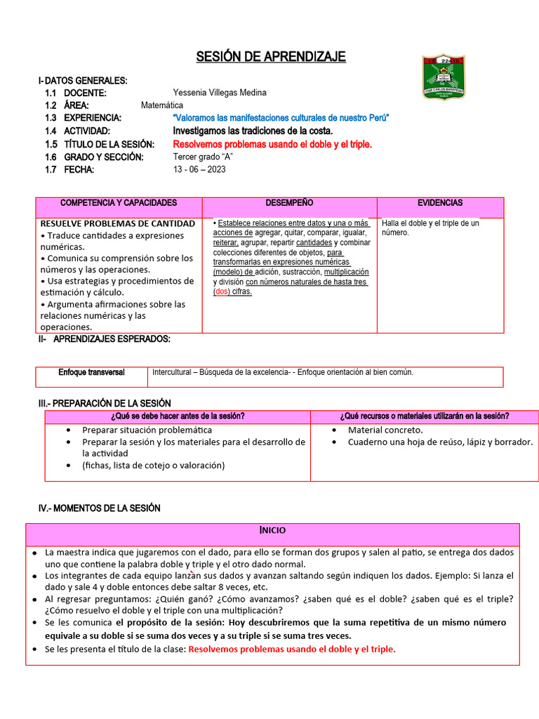 SESIÓN Resolvemos Problemas Usando El Doble y El Triple | PDF | Multiplicación | Aritmética