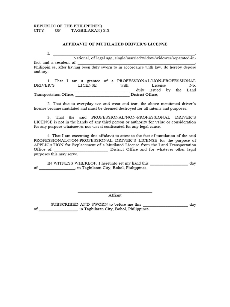 Sample Affidavit of Mutilation of Driver's License | PDF