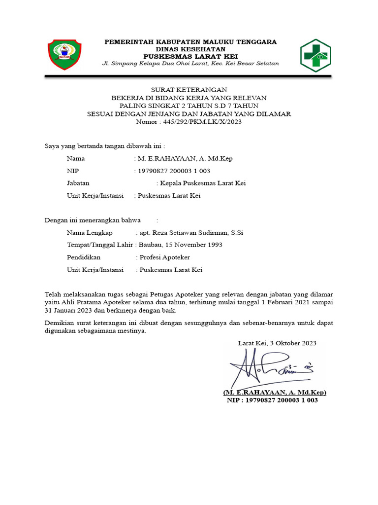Surat Keterangan Pengalaman Reza Setiawan | PDF