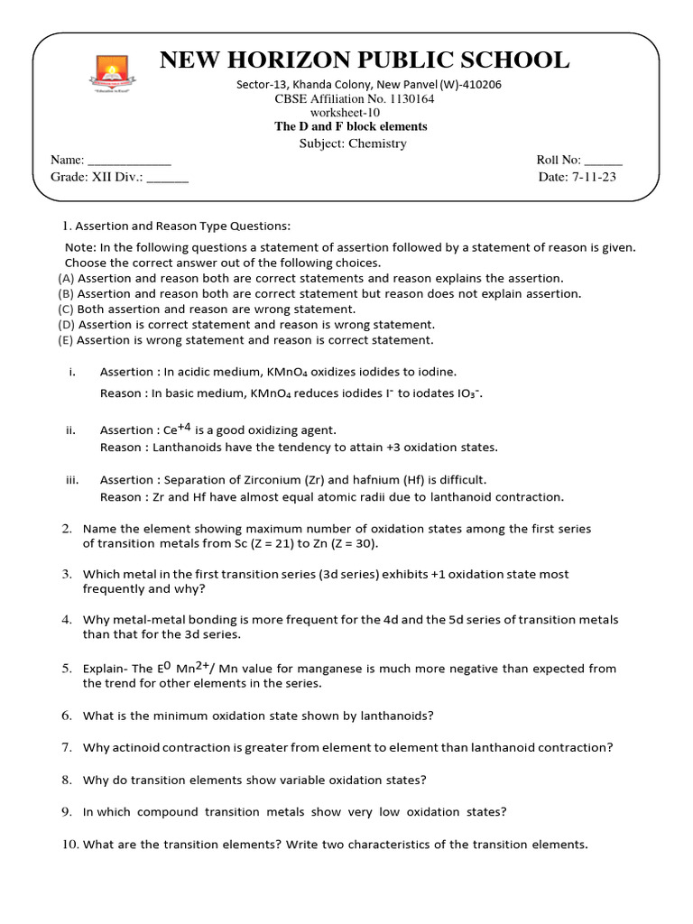 Worksheet 10 - The D and F-Block Elements 2023-24 | Download Free PDF ...