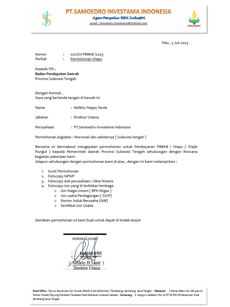 Permohonan Wapu PBBKB PT Samoedro | PDF | Bisnis
