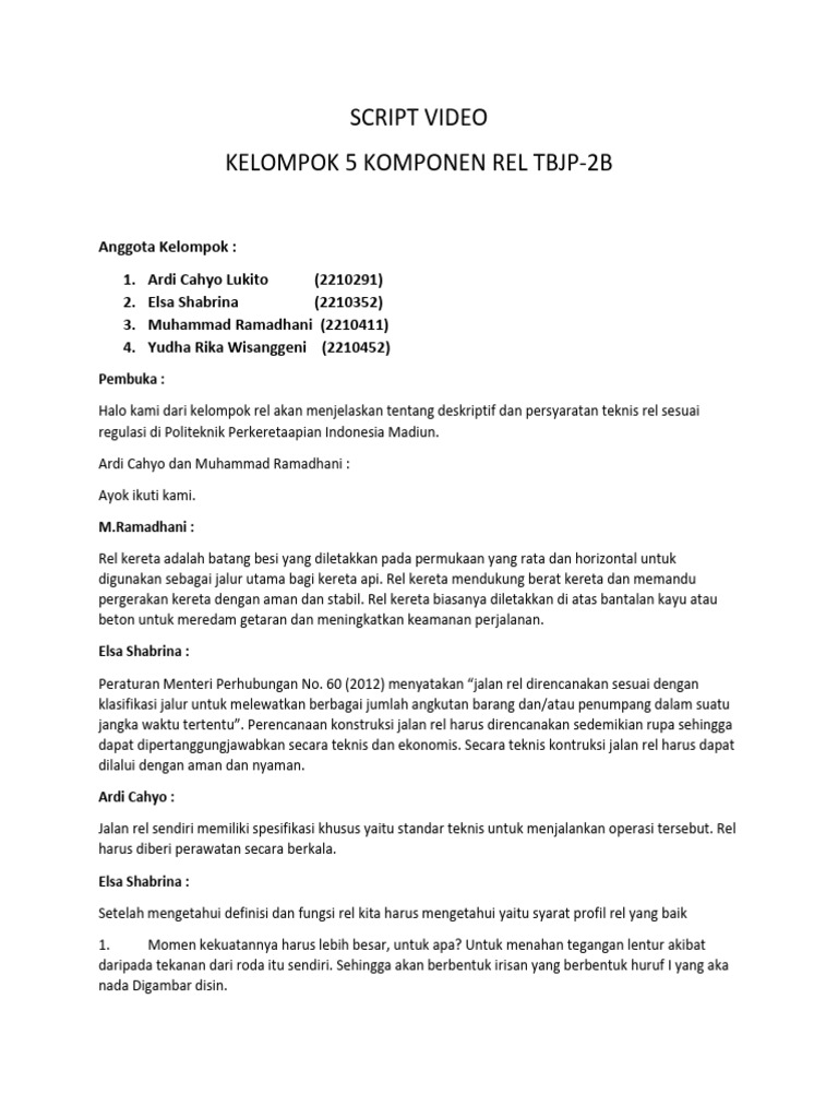 Script Kelompok Jalan Rel | PDF | Bisnis | Teknologi & Rekayasa
