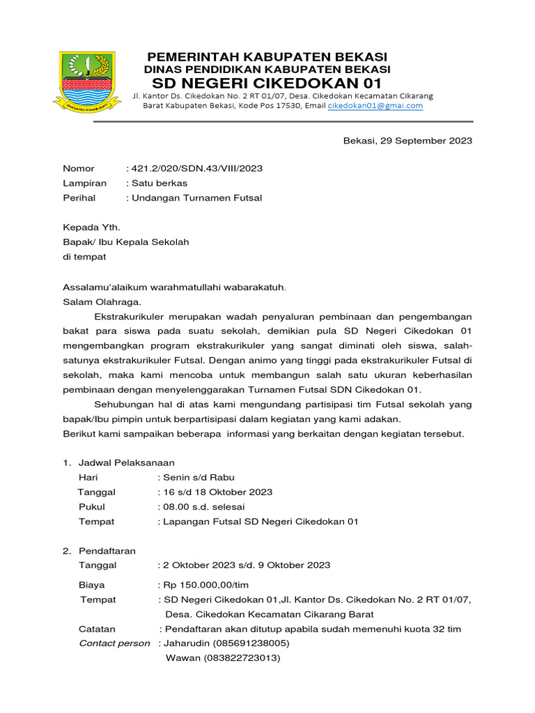 Undangan Futsal Dan Formulir Pendaftaran 2023 CIKEDOKAN | PDF