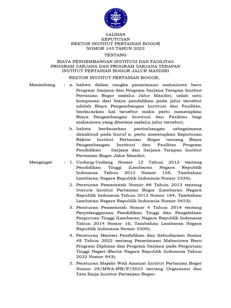 143 Tahun 2023 Biaya Pengembangan Institusi Dan Fasilitas Program Pendidikan Sarjana Dan Sarjana ...