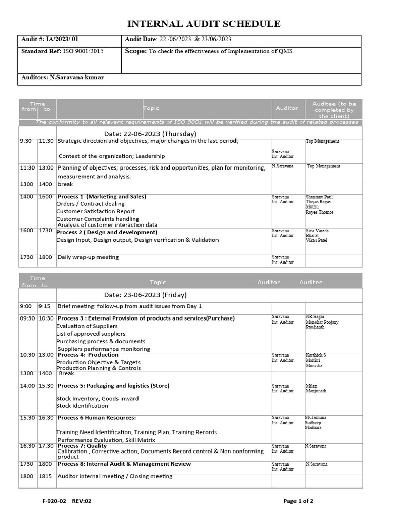 Internal Audit Schedule June2023 | PDF | Audit | Internal Audit