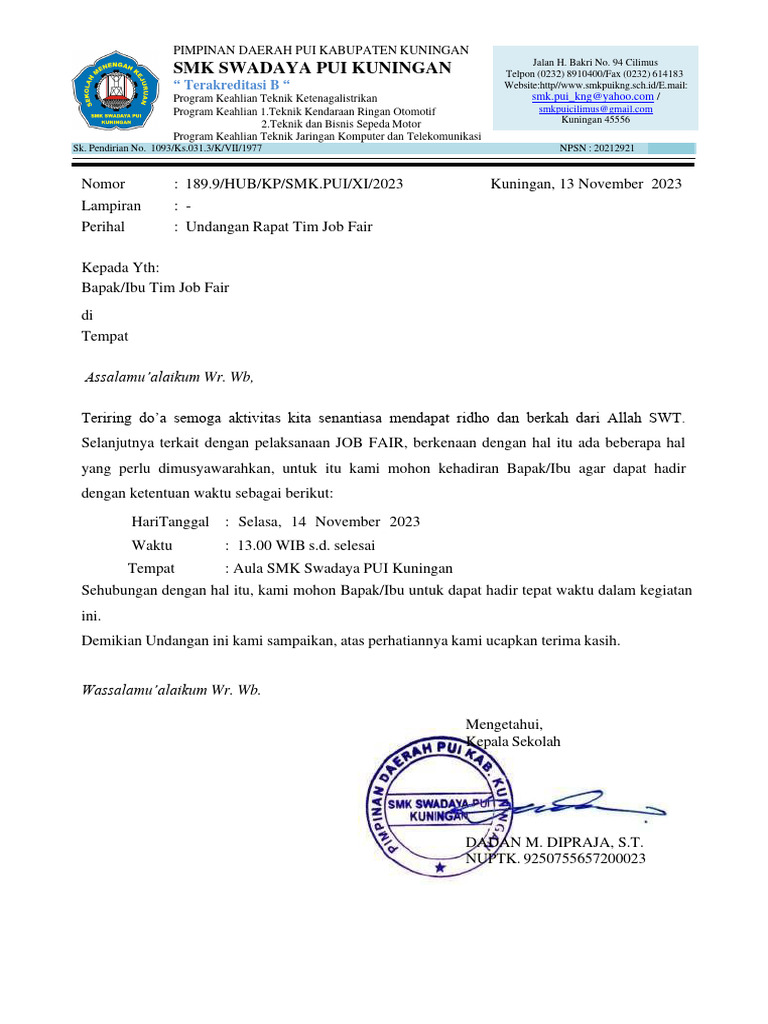 Undangan Rapat Job Fair SMK PUI Kuningan | PDF