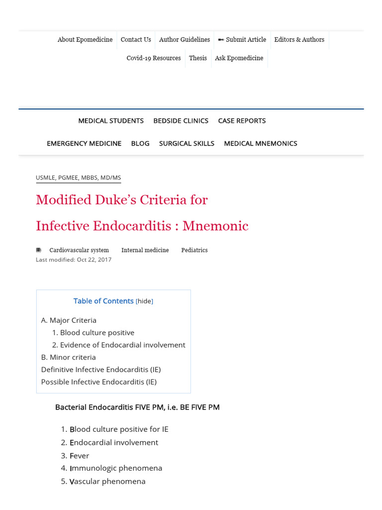 Modified Duke's Criteria For Infective Endocarditis - Mnemonic ...