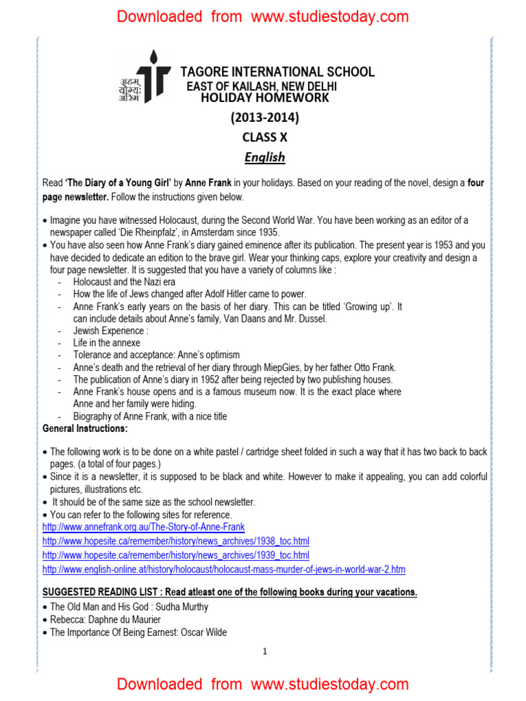 CBSE Class 10 Revision Worksheet | PDF | Anne Frank