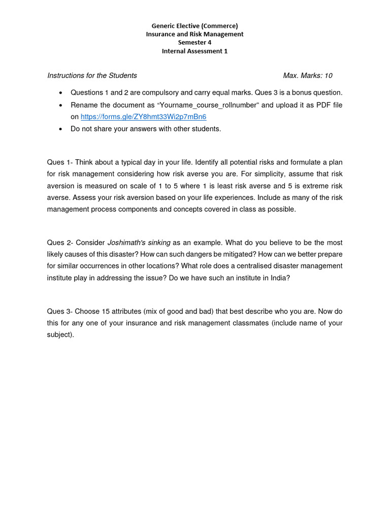 Insurance and Risk Management Assignment 1 | PDF