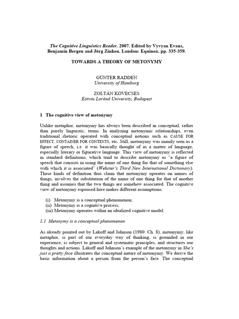 Cognitive Metonymy Explained | PDF | Concept | Cognitive Science