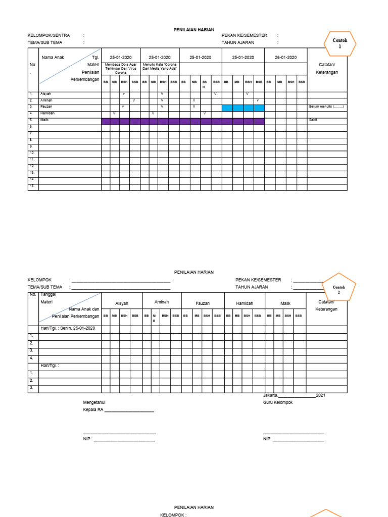 Contoh PENILAIAN CEKLIS HARIAN | PDF