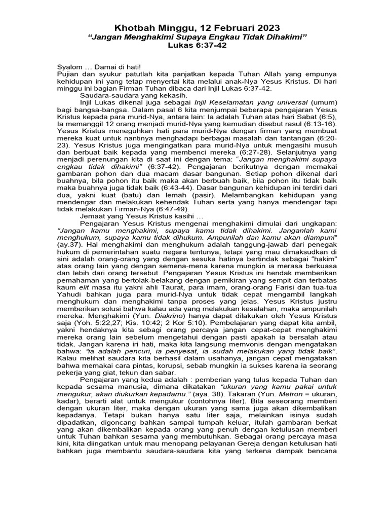 Khotbah TGL 12 Februari | PDF | Karier & Perkembangan