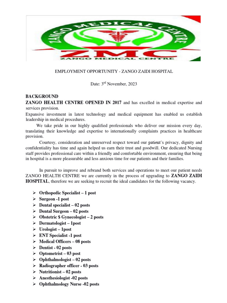 Employment Opportunity-Zango Zaidi Hospital | PDF | Nursing | Hospital