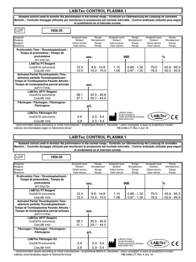 LABiTec Control 1 Insert 1956 35 Revision 2.0 | PDF | Blood Proteins ...