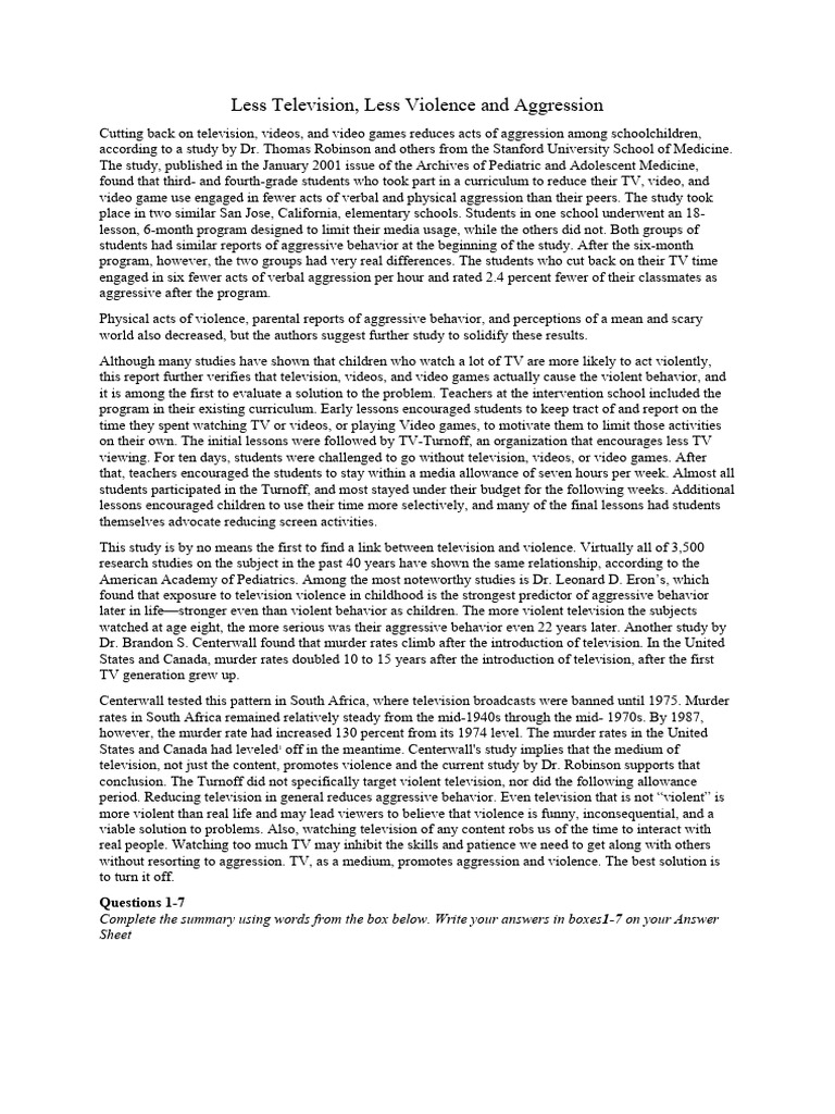 Less Television | PDF | Aggression | Violence