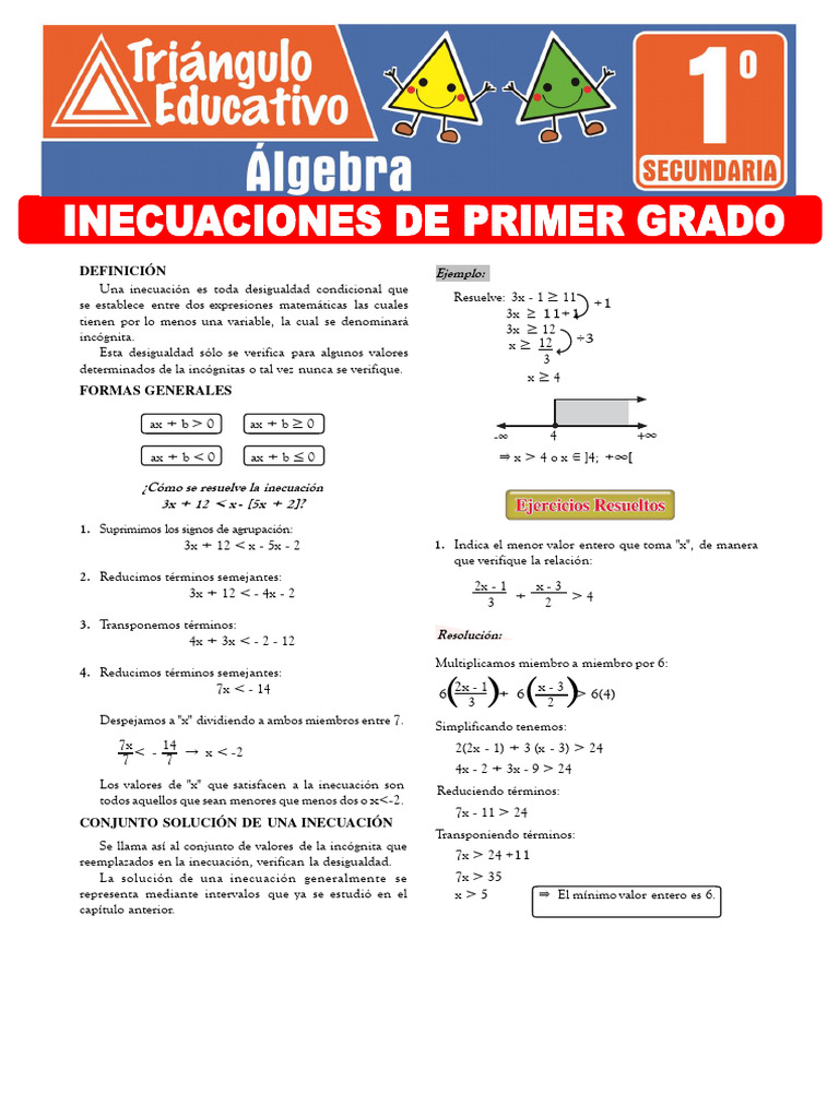 Inecuaciones de Primer Grado para Primer Grado de Secundaria | Descargar gratis PDF ...