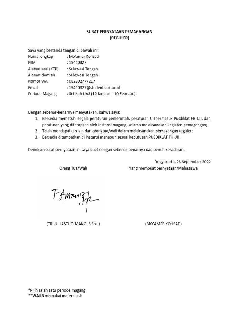 Surat Pernyataan Magang | PDF
